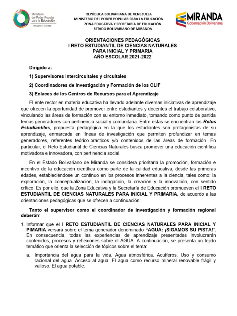 Orientaciones I Reto Estudiantil de Ciencias Naturales para Inicial y ...