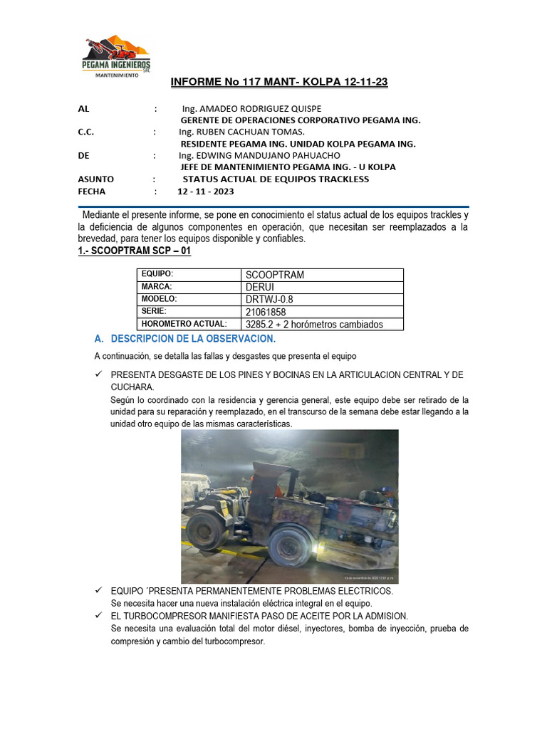 Informe N°117 - Status Actual Equipos Trackless Pegama | PDF ...