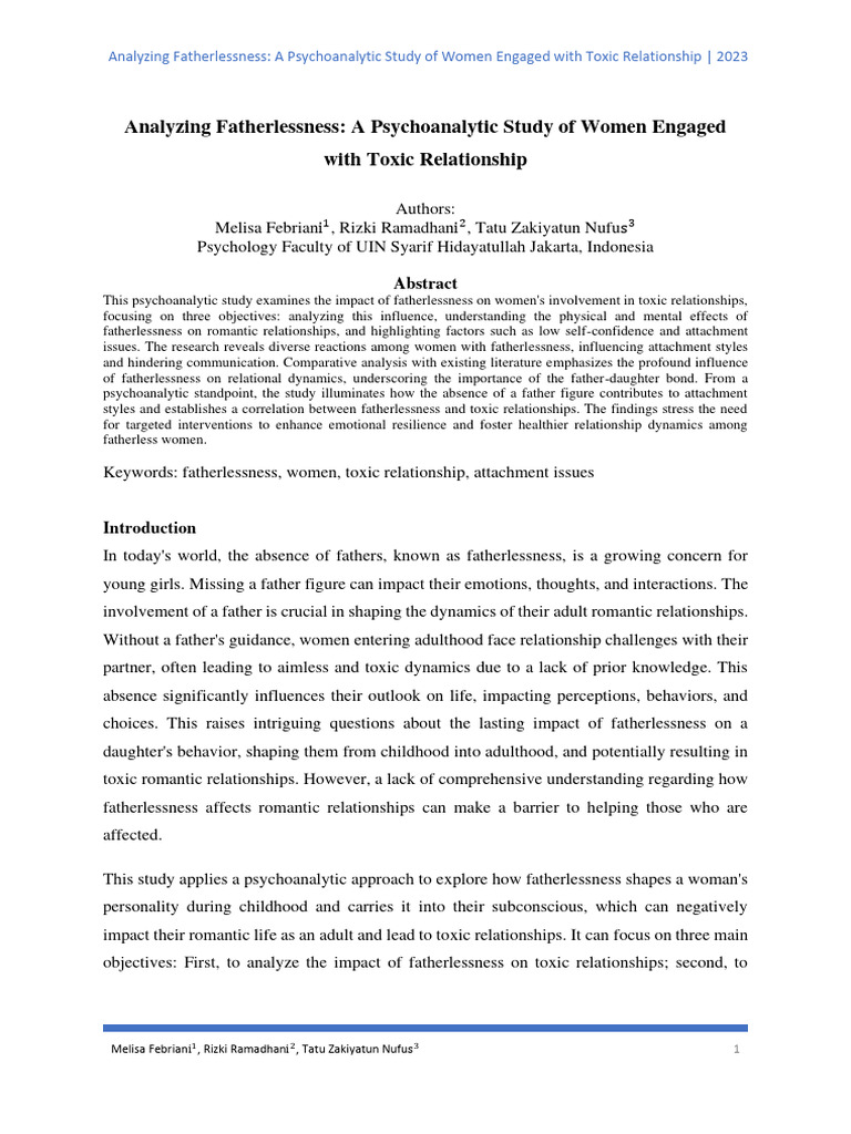 Analyzing Fatherlessness: A Psychoanalytic Study of Women Engaged with Toxic Relationship | PDF ...