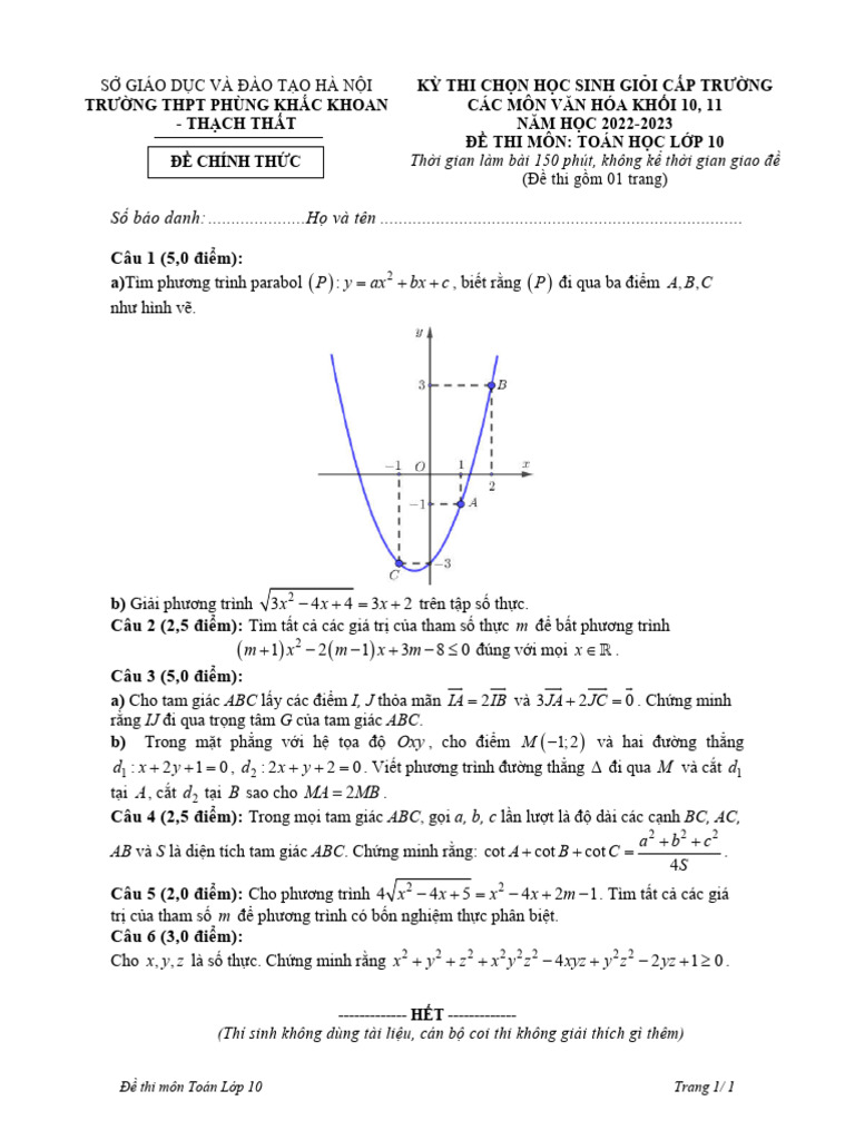 De Hoc Sinh Gioi Toan 10 Nam 2022 2023 Truong THPT Phung Khac Khoan Ha Noi | PDF