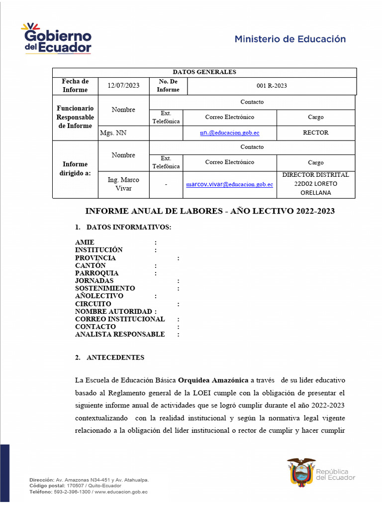 Modelo Informe Anual de Labores 2022 - 2023 22D02 | PDF | Educación primaria | Liderazgo