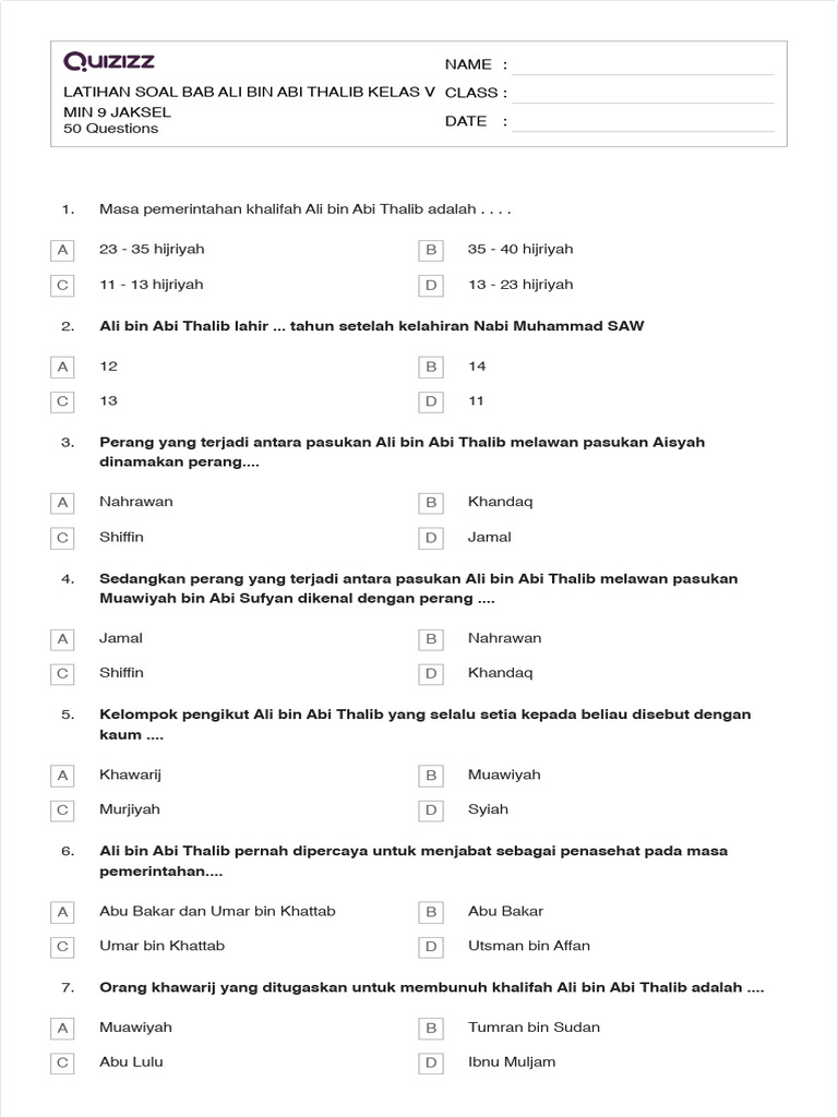 Latihan Soal Bab Ali Bin Abi Thalib Kelas V Min 9 Jaksel | PDF