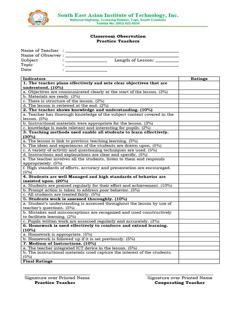 Classroom Observation Checklist For Practice Teachers Final Pdf