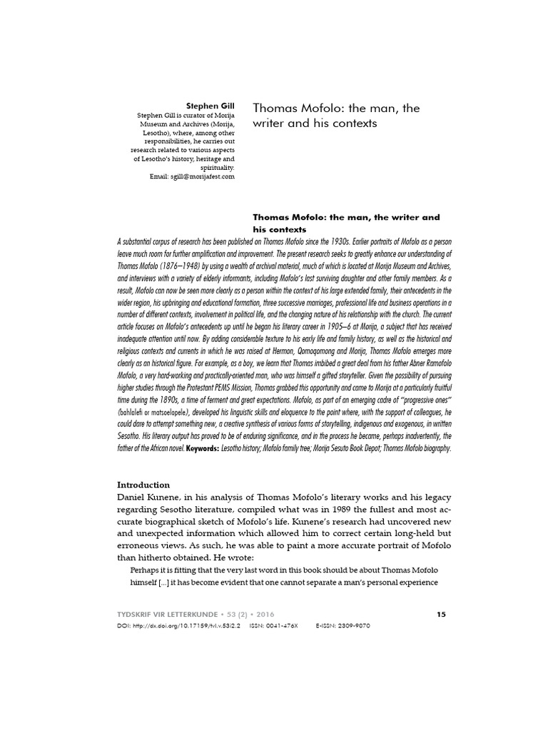 Thomas Mofolo: The Man, The Writer and His Contexts | PDF