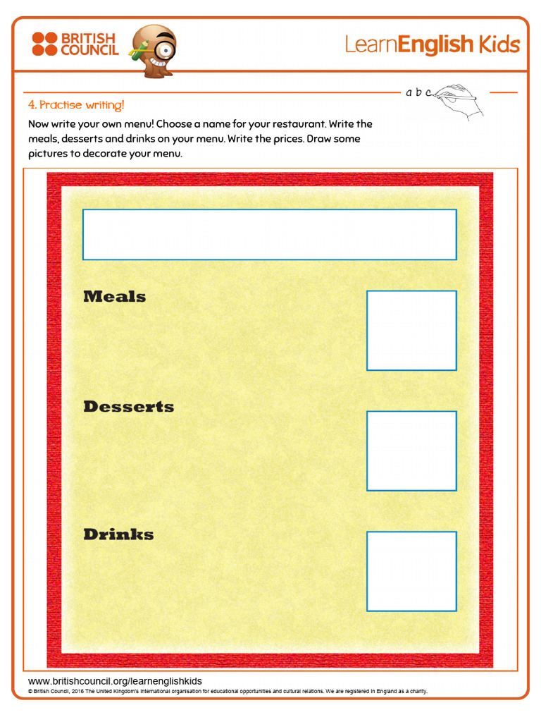 Writing Practice Restaurant Menu Worksheet 3 Pdf 