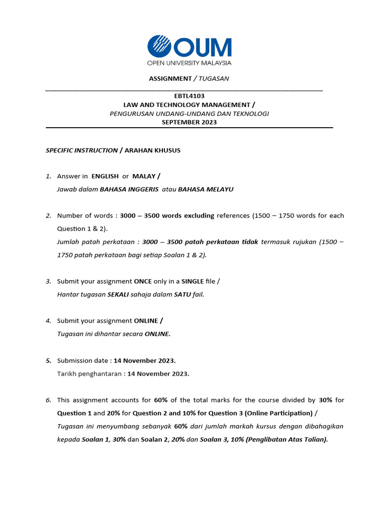 Assignment / Tugasan EBTL4103 Law and Technology Management / September 2023 | PDF | Cybercrime ...