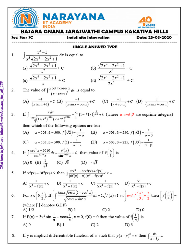 Indefinite Integration DPP's | PDF | Mathematical Relations | Elementary Geometry