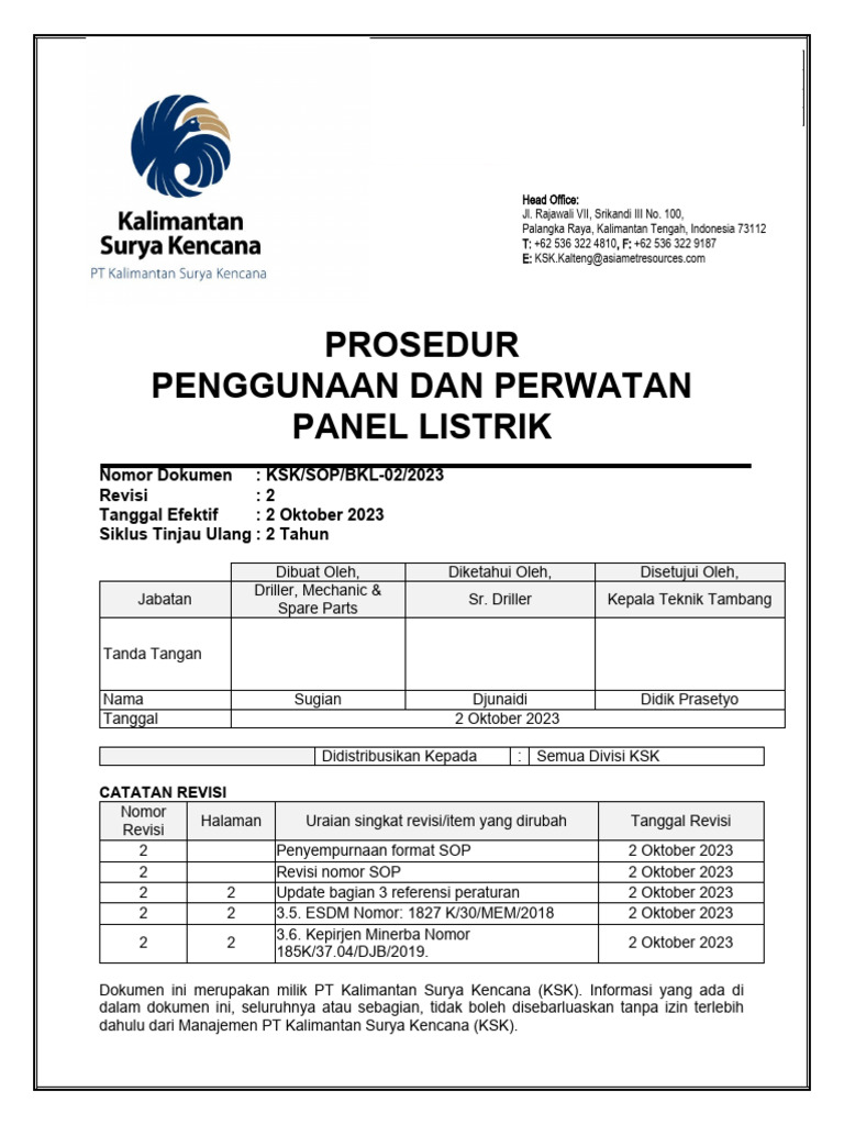 2. KSK_SOP_BKL-02_2023. Prosedur Penggunaan dan Perawat panel listrik | PDF