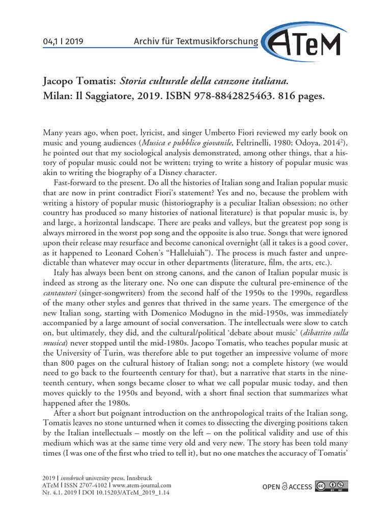 Tomatis: Cultural History of Italian Song | PDF