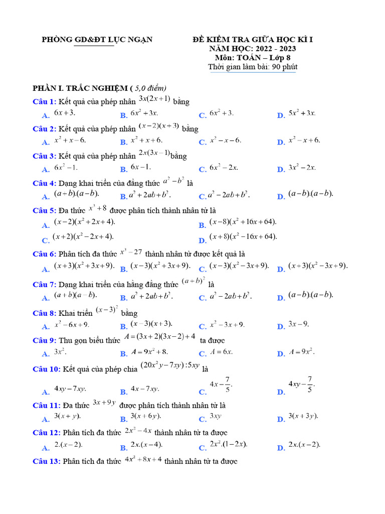 De Kiem Tra Giua Ki 1 Toan 8 20222023 | PDF