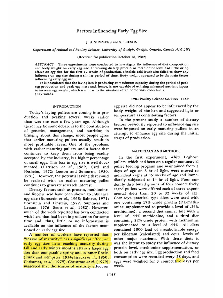 Factors Influencing Early Egg Size | PDF | Diet (Nutrition) | Diet ...