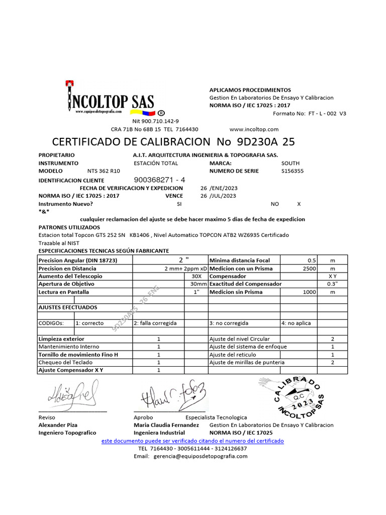 E Cert Est 9d230a (25) Ait South 362R10 S156355 | PDF | Exactitud y precisión | Metrología