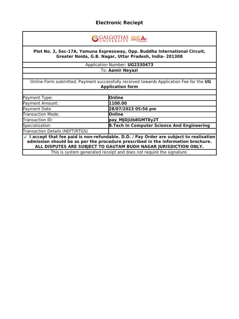 Galgotia University Fee Recepit | PDF