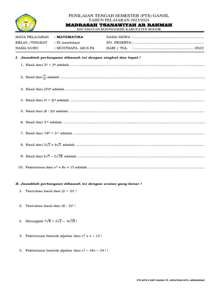 Soal PTS MTK Kelas 9 | PDF