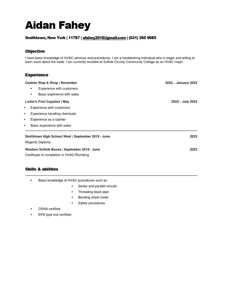 HVAC Student Resume - Aidan Fahey | PDF | Technology & Engineering
