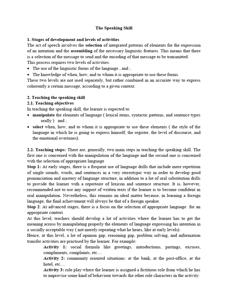 The Speaking Skill | PDF | Speech | Linguistics