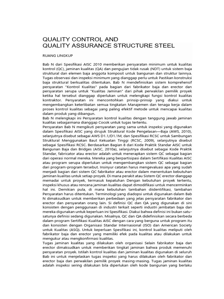 QUALITY CONTROL AND QUALITY ASSURANCE STRUCTURE STEEL | PDF