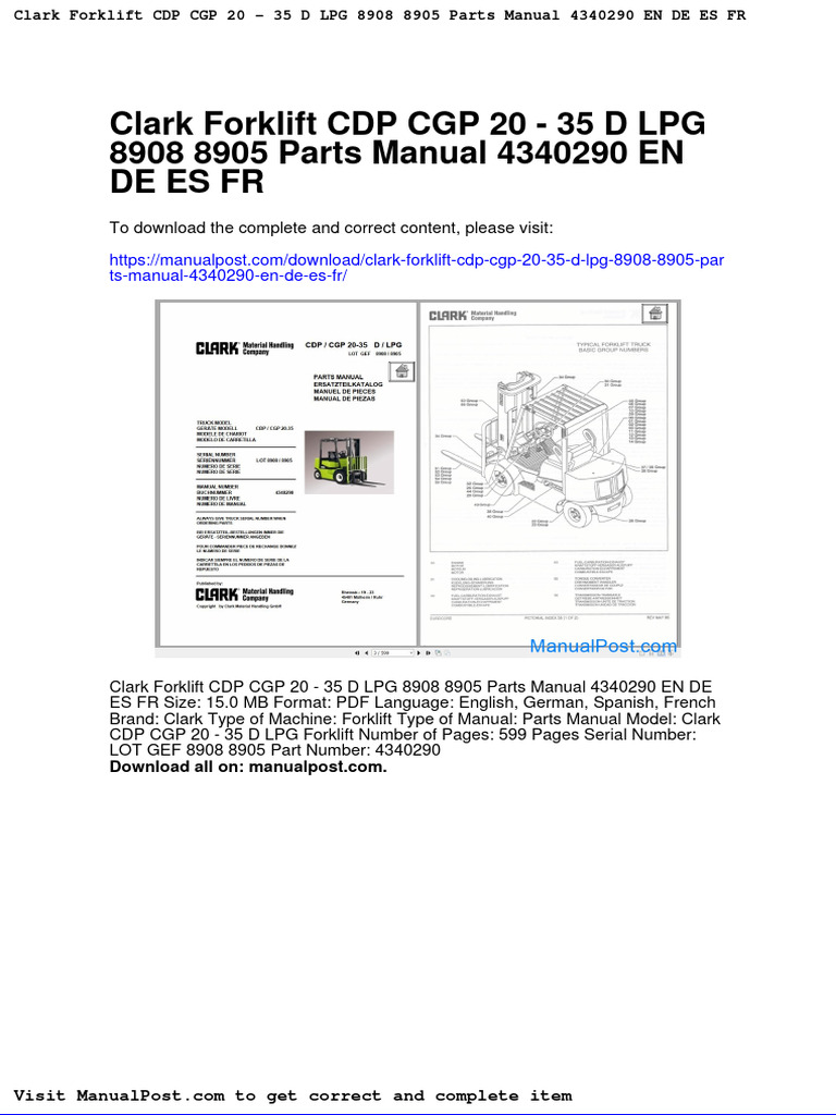 Clark Forklift CDP CGP 20 35 D LPG 8908 8905 Parts Manual 4340290 en de Es FR | PDF