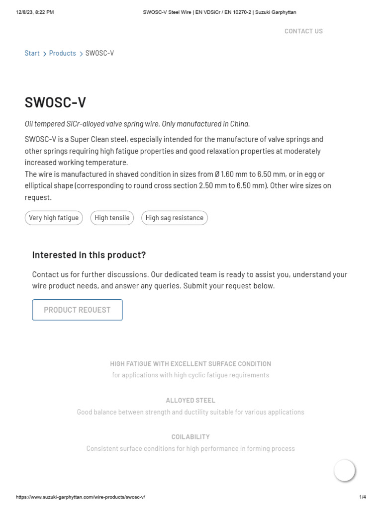 SWOSC-V Steel Wire - EN VDSiCr - EN 10270-2 - Suzuki Garphyttan | PDF ...