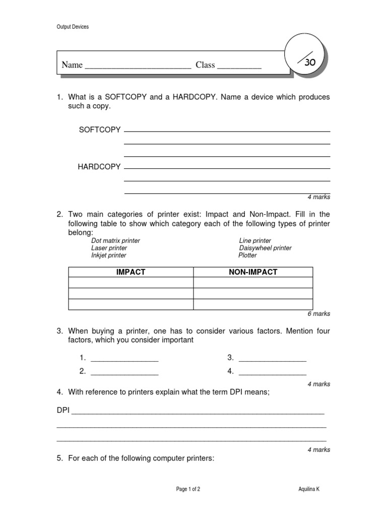 Output Devices Worksheet | Download Free PDF | Printer (Computing) | Computer Hardware
