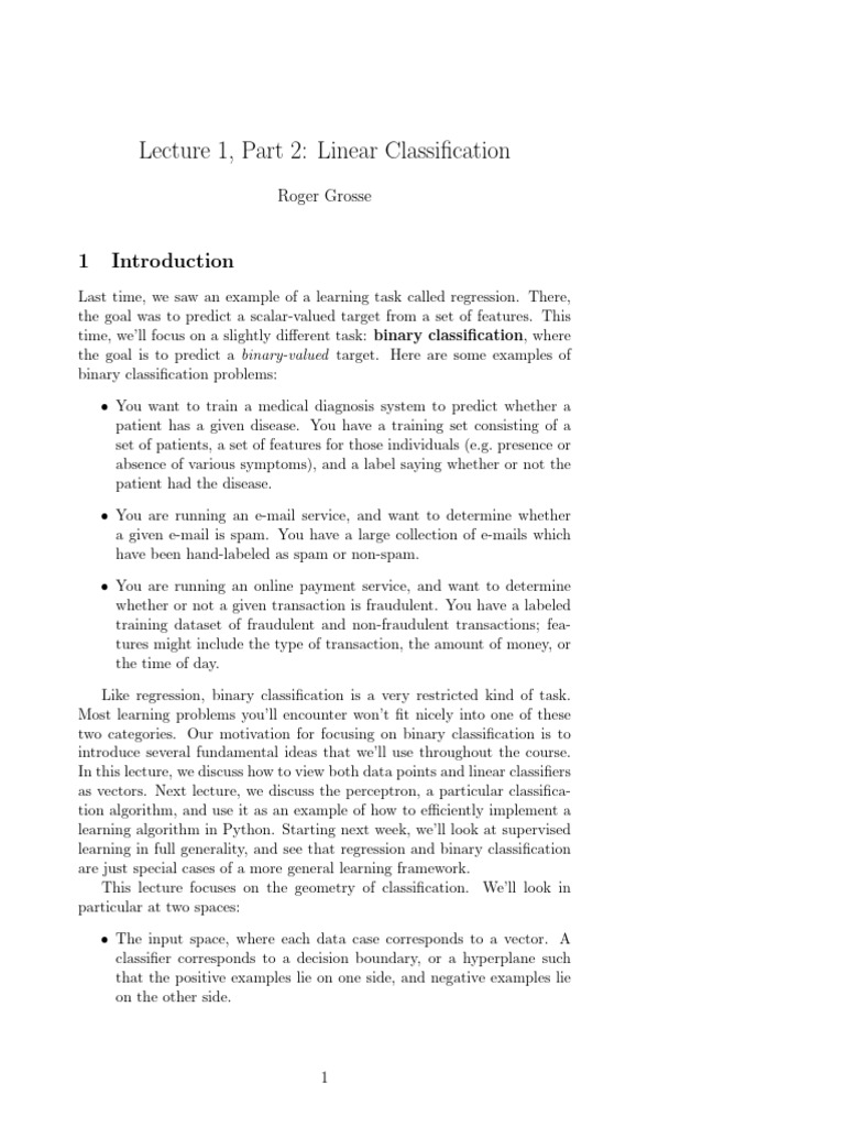 Lecture 1, Part 2: Linear Classification: Roger Grosse | PDF ...