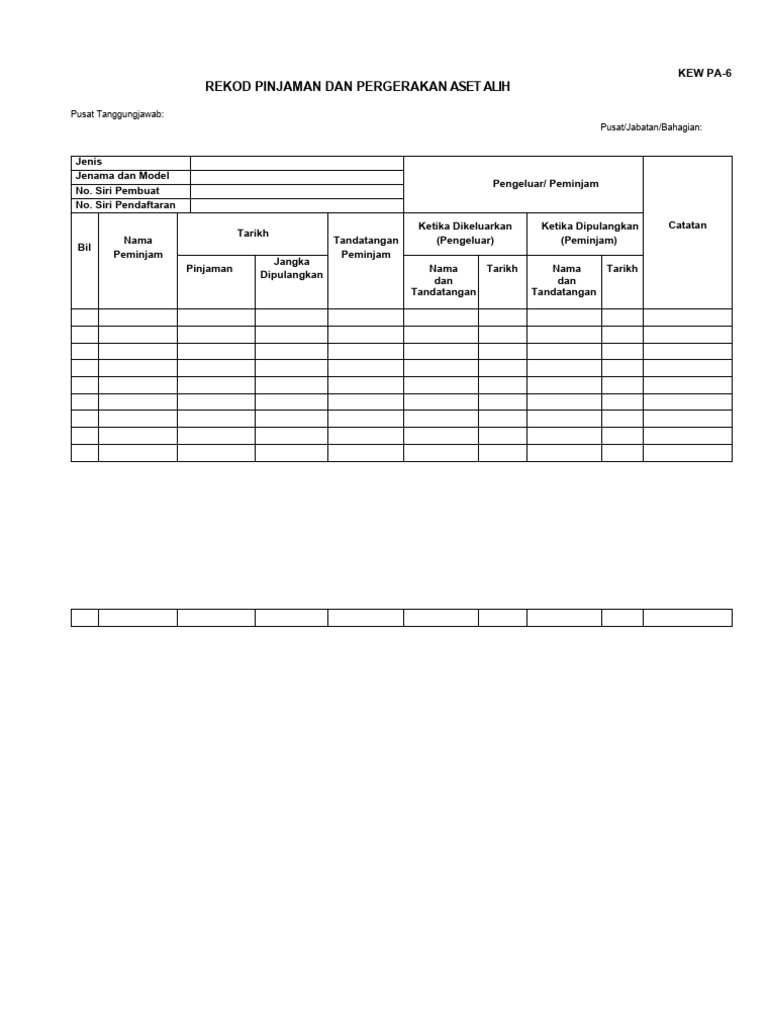 Rekod Pinjaman Aset Alih KEW PA-6 | PDF | Pengelolaan Keuangan & Uang