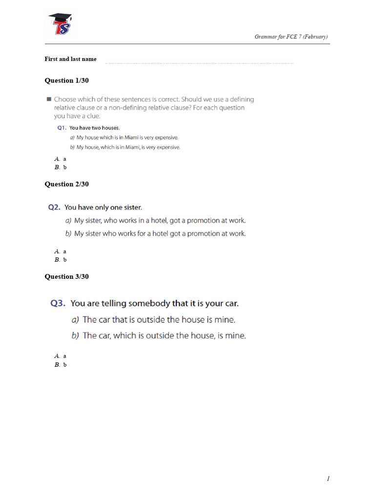 FCE Grammar Practice Questions February | PDF | Linguistics | Grammar