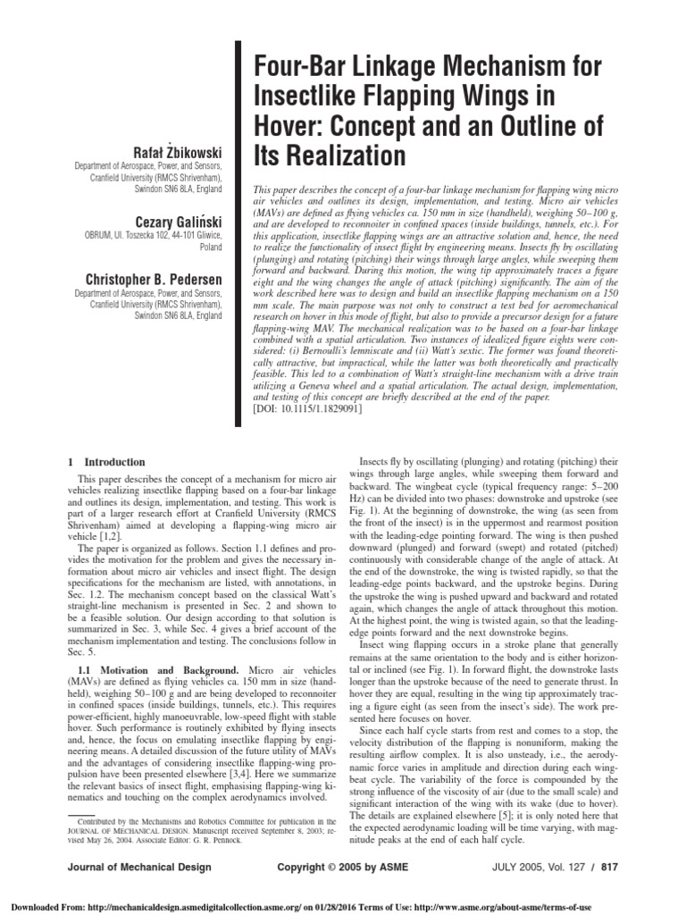 Four-Bar Linkage Mechanism For Insectlike Flapping Wings in Hover ...