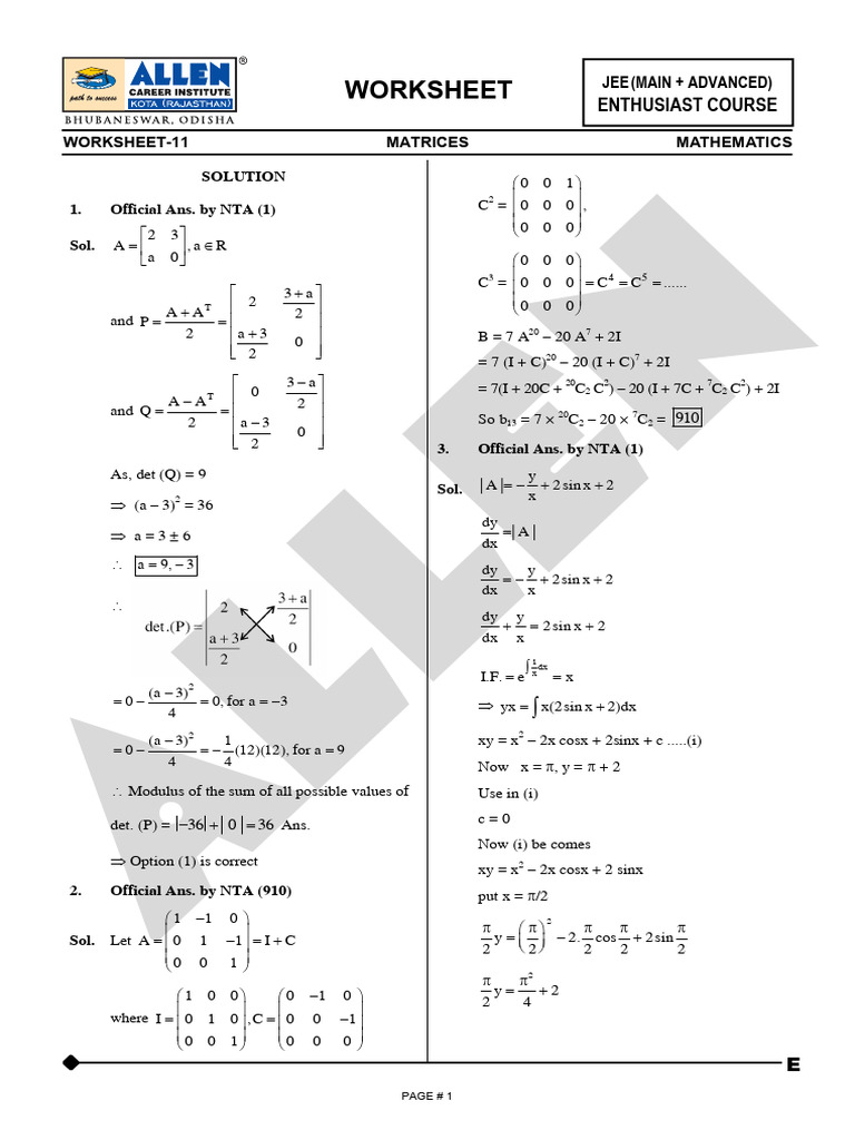 WS 11 - Matrices SOL | PDF | Mathematical Objects | Matrix Theory