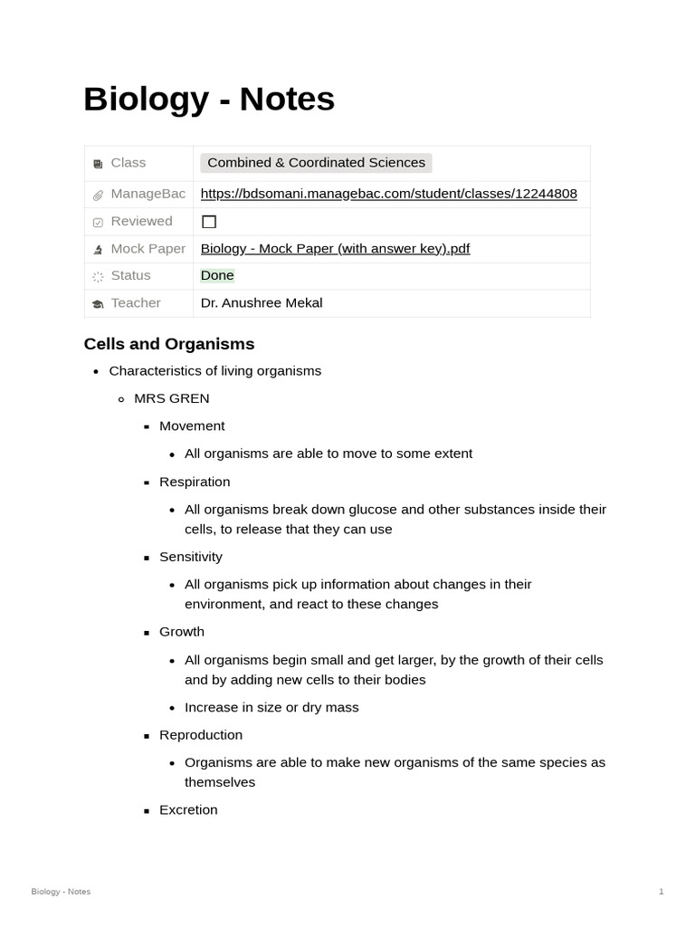 Biology - Notes | PDF | Cell (Biology) | Glucose
