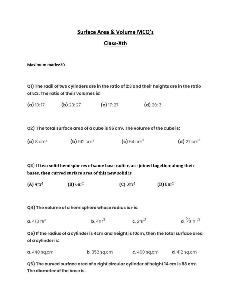Class 10 Surface Area & Volume MCQs | PDF | Sphere | Area