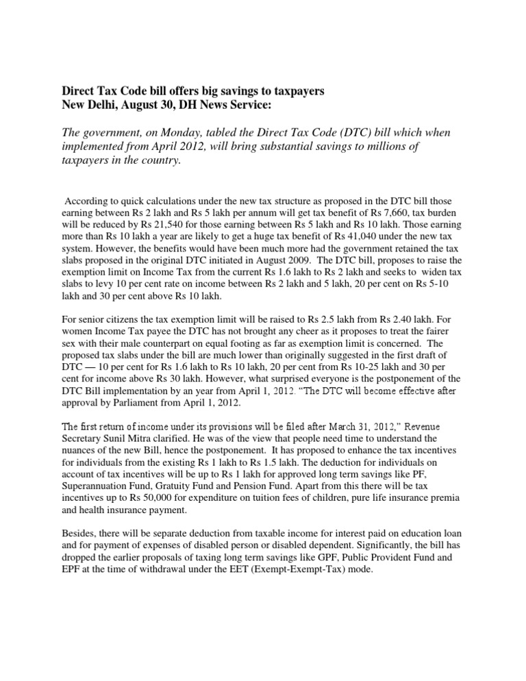 Direct Taxes Code Bill | PDF | Expense | Taxes