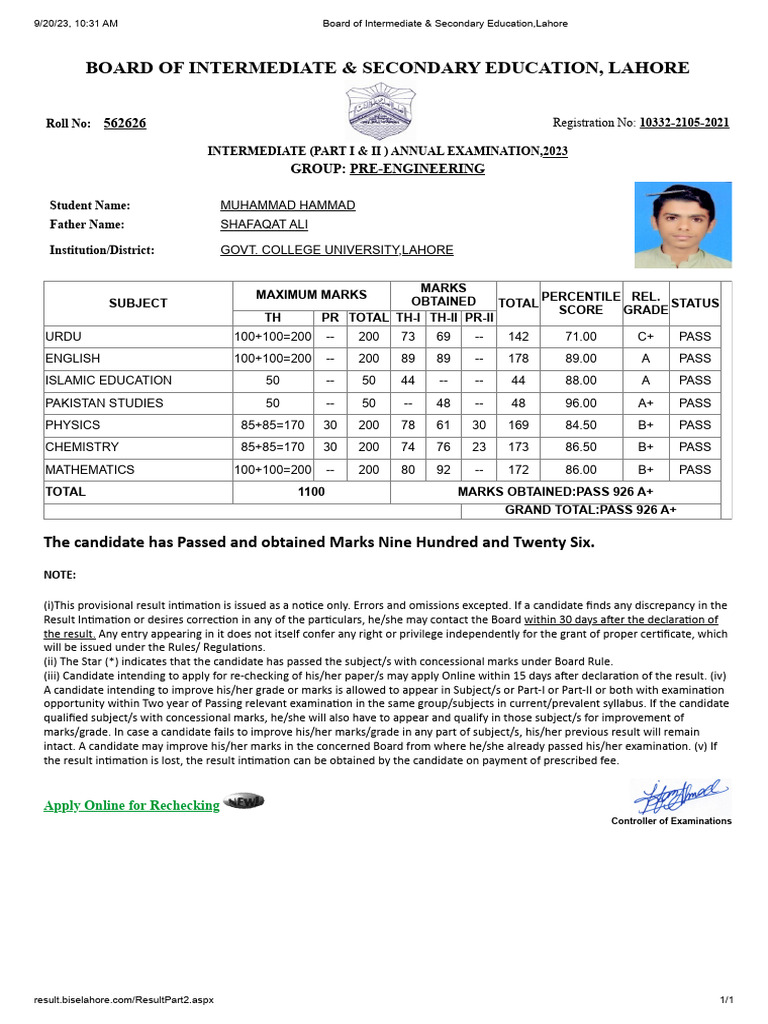 Intermediate Exam Results 2023 Lahore | PDF