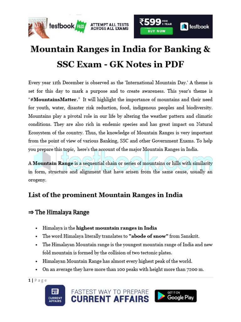 Mountain Ranges in India: GK Notes PDF | PDF | Himalayas | Earth Sciences