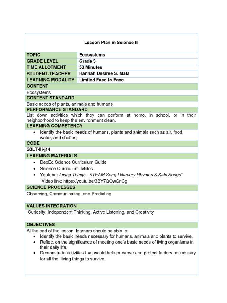 Lesson Plan Mata Hannah Desiree | Download Free PDF | Learning | Science