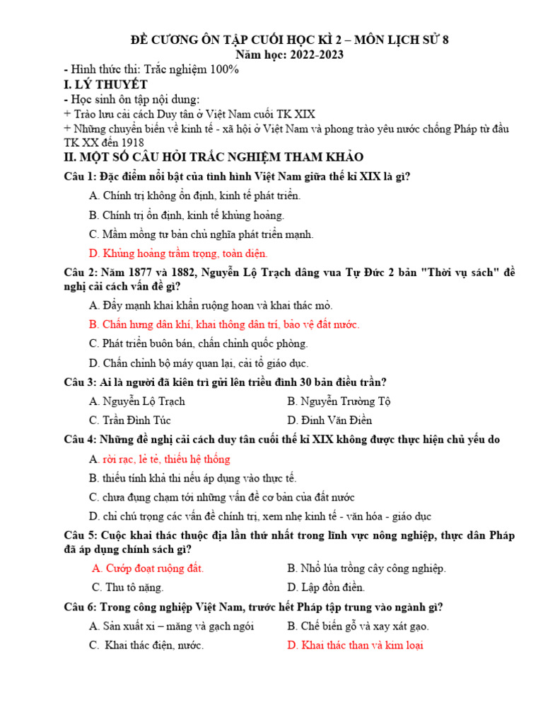 Lịch Sử 8 de Cuong on Tap Cuoi Hk2 | PDF