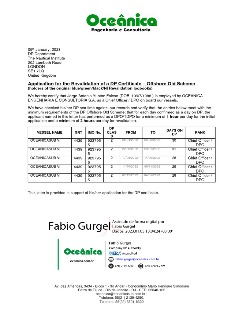 DP Certificate Revalidation for Jorge Falcon | PDF | Navigation | Shipping