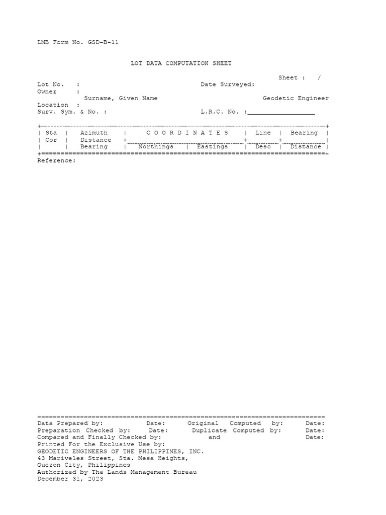 Lot Data Computation Sheet Template | PDF