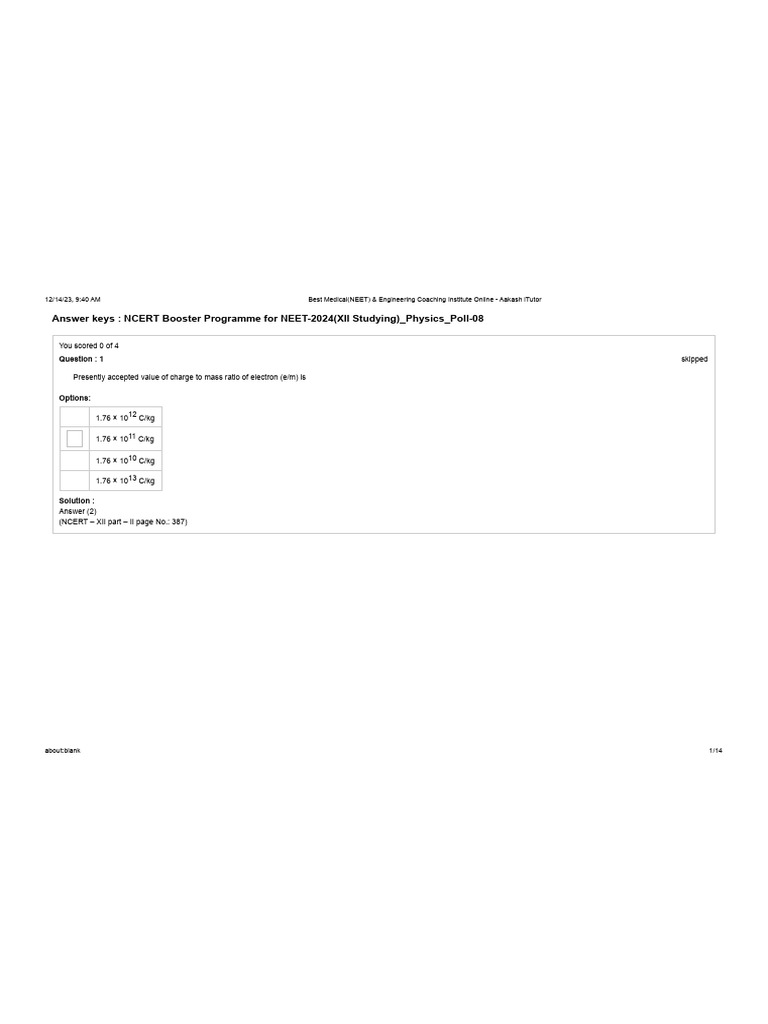 Answer Keys: NCERT Booster Programme For NEET-2024 (XII Studying ...