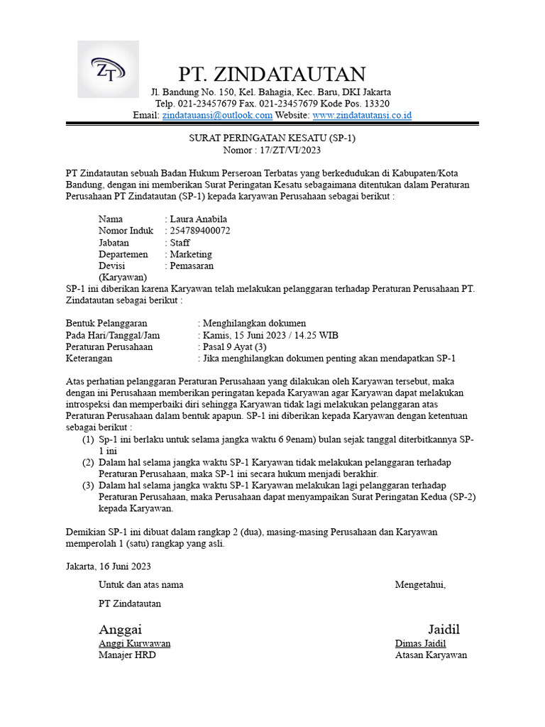 Contoh Surat Peringatan Ke-Dua | PDF