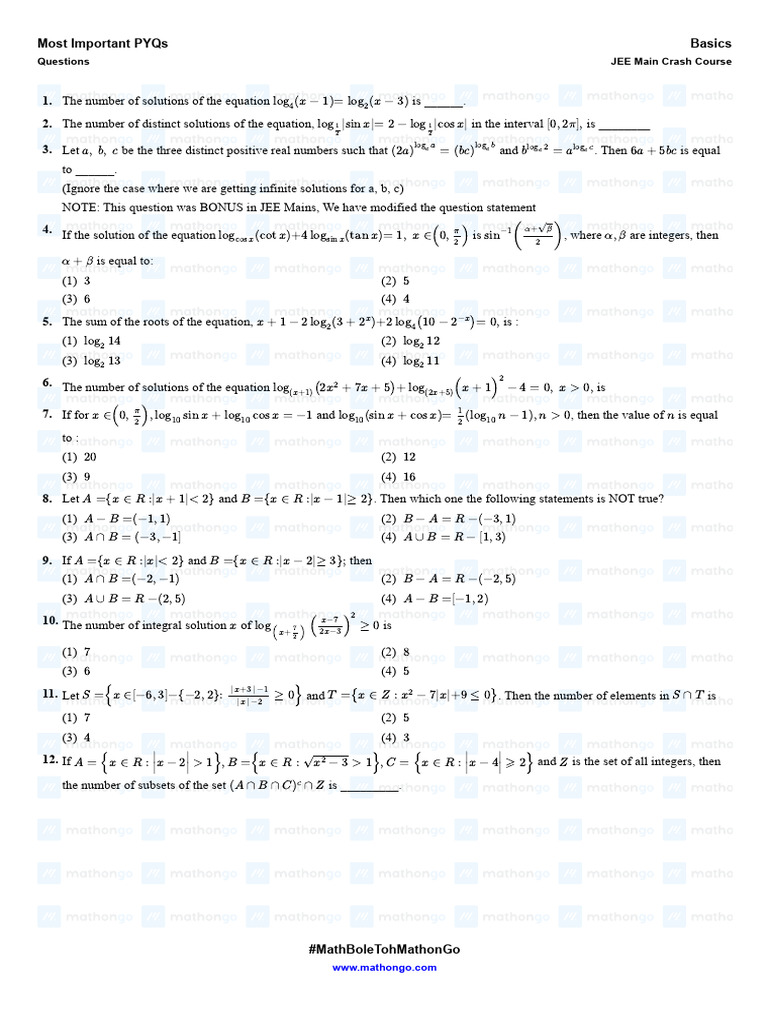 Question Most Important PYQs Basics JEE Main Crash Course MathonGo | PDF | Numbers | Logarithm