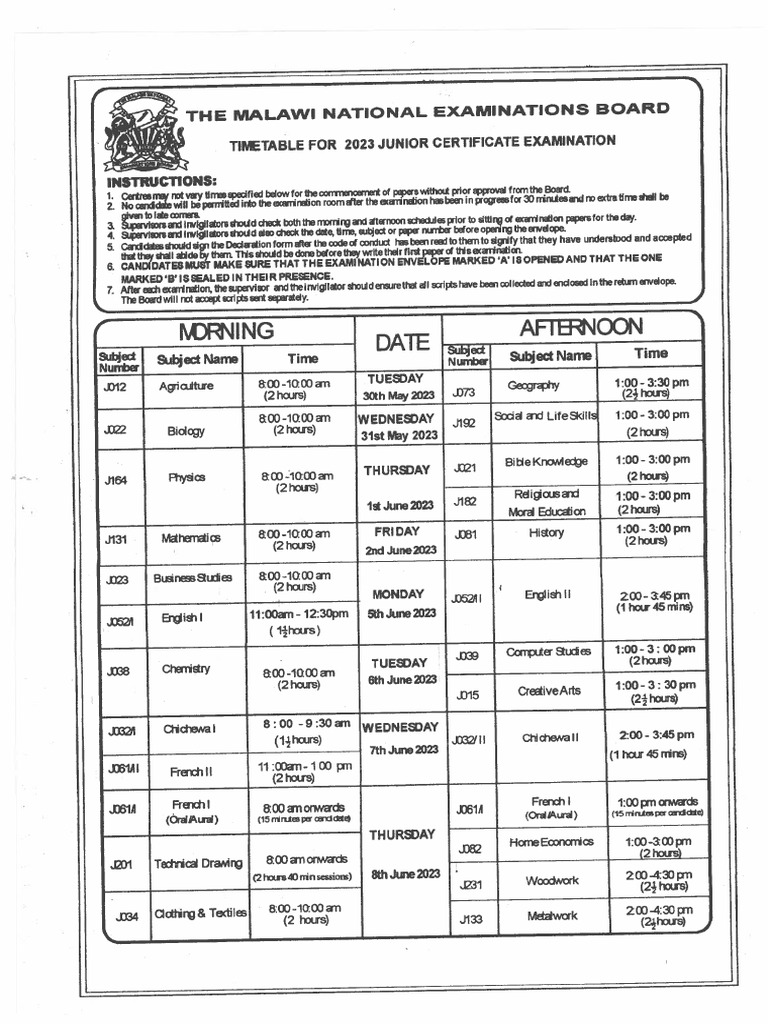 2023 Jce Exams Timetable | PDF