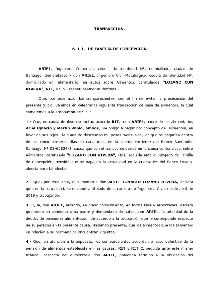 Transaccion Cese Alimentos Ariel Lozano Rivera | PDF | Pensión ...