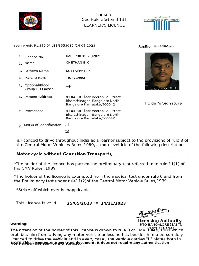 Learner's Licence for Non-Transport Motorcycle | PDF | Transport | Vehicles