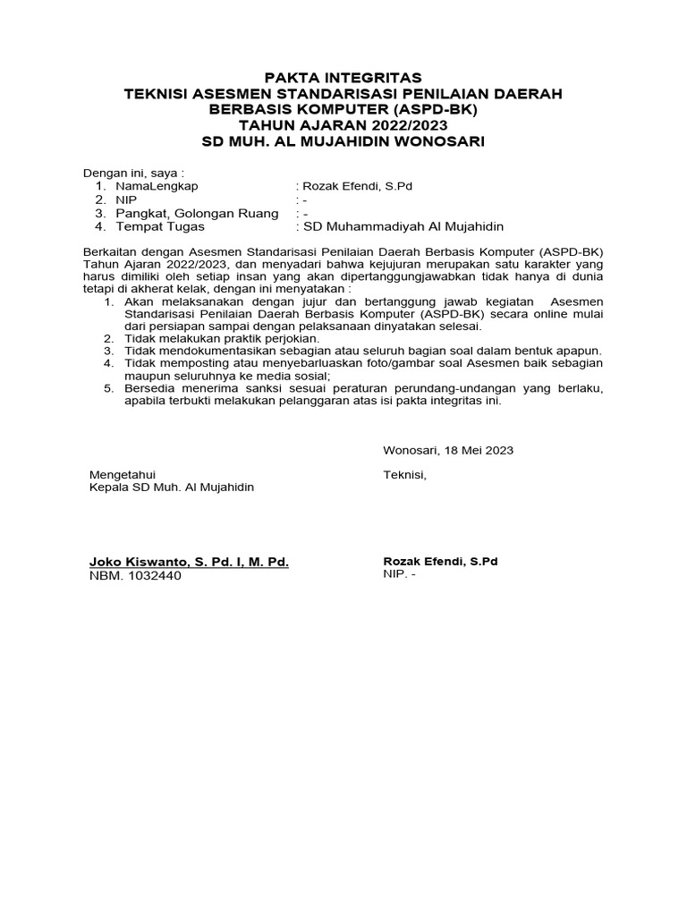 Pakta Integritas Proktor Aspd 2021 | PDF | Komputer