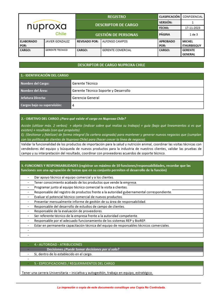 Descripcion de Cargo Gerente Tecnico Comercial | PDF | Business