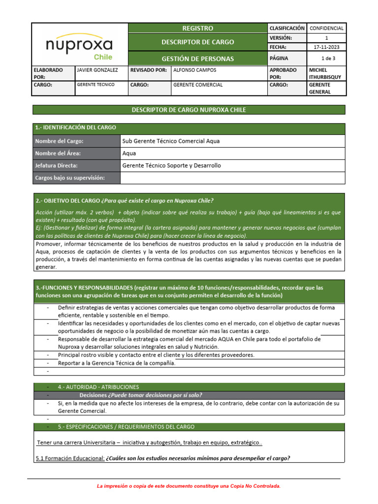 Descripcion de Cargo Sub Gerente Tecnico Comercial Aqua | PDF ...