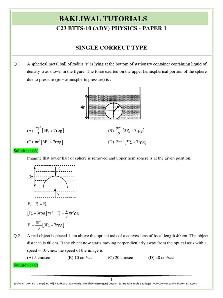 c23 Btts-10 (Adv) Physics - Paper 1 | PDF | Sphere | Electrical Resistance And Conductance