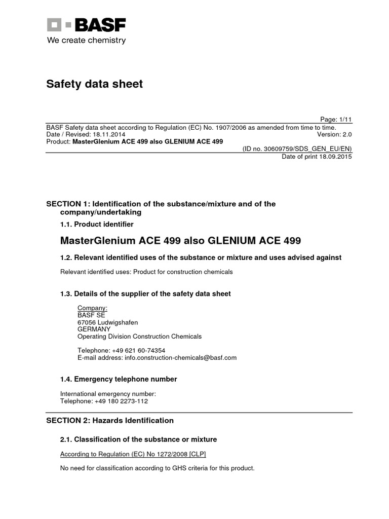 MSDS_Glenium ACE 499 Superplasticiser | PDF | Chemistry | Occupational ...