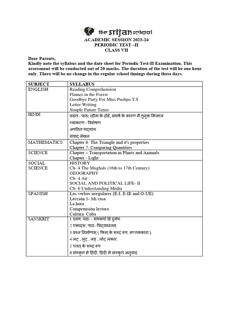 Class 7 Datesheet and Syllabus PT2 | PDF | Mathematics | Science